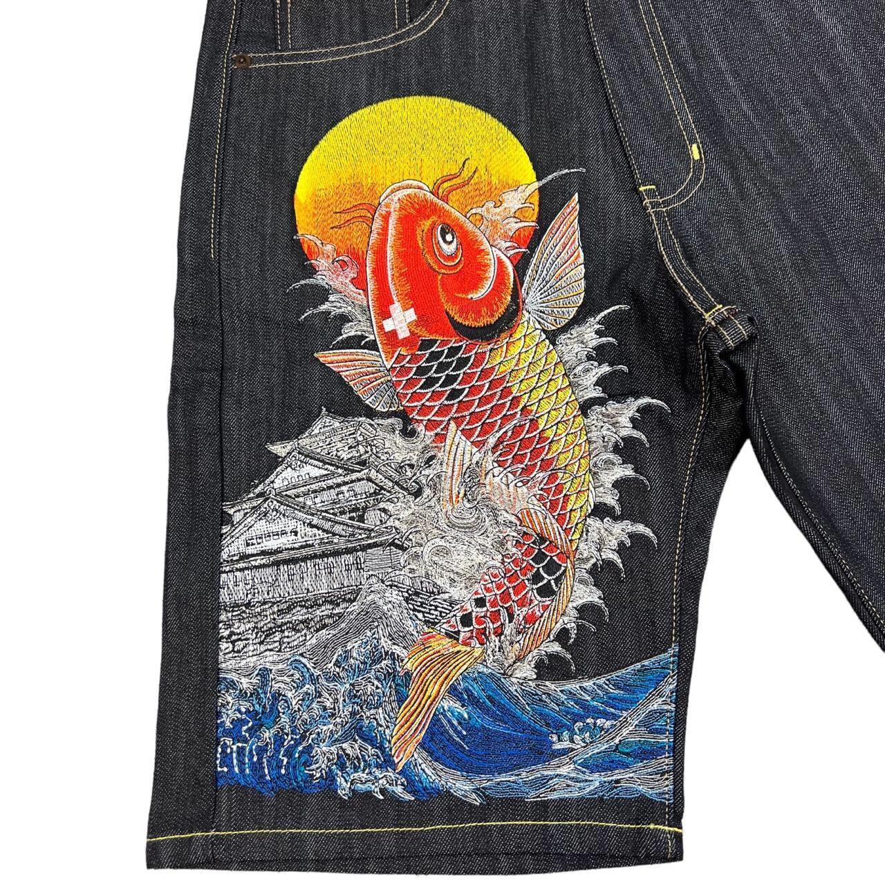 Sugoi Embroidered Koi & Sun Japanese Denim Shorts... - Depop