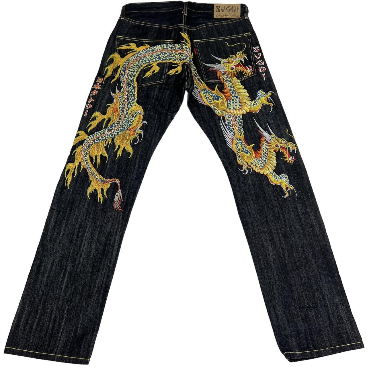 Sugoi Embroidered Dragon Japanese Denim Jeans... - Depop