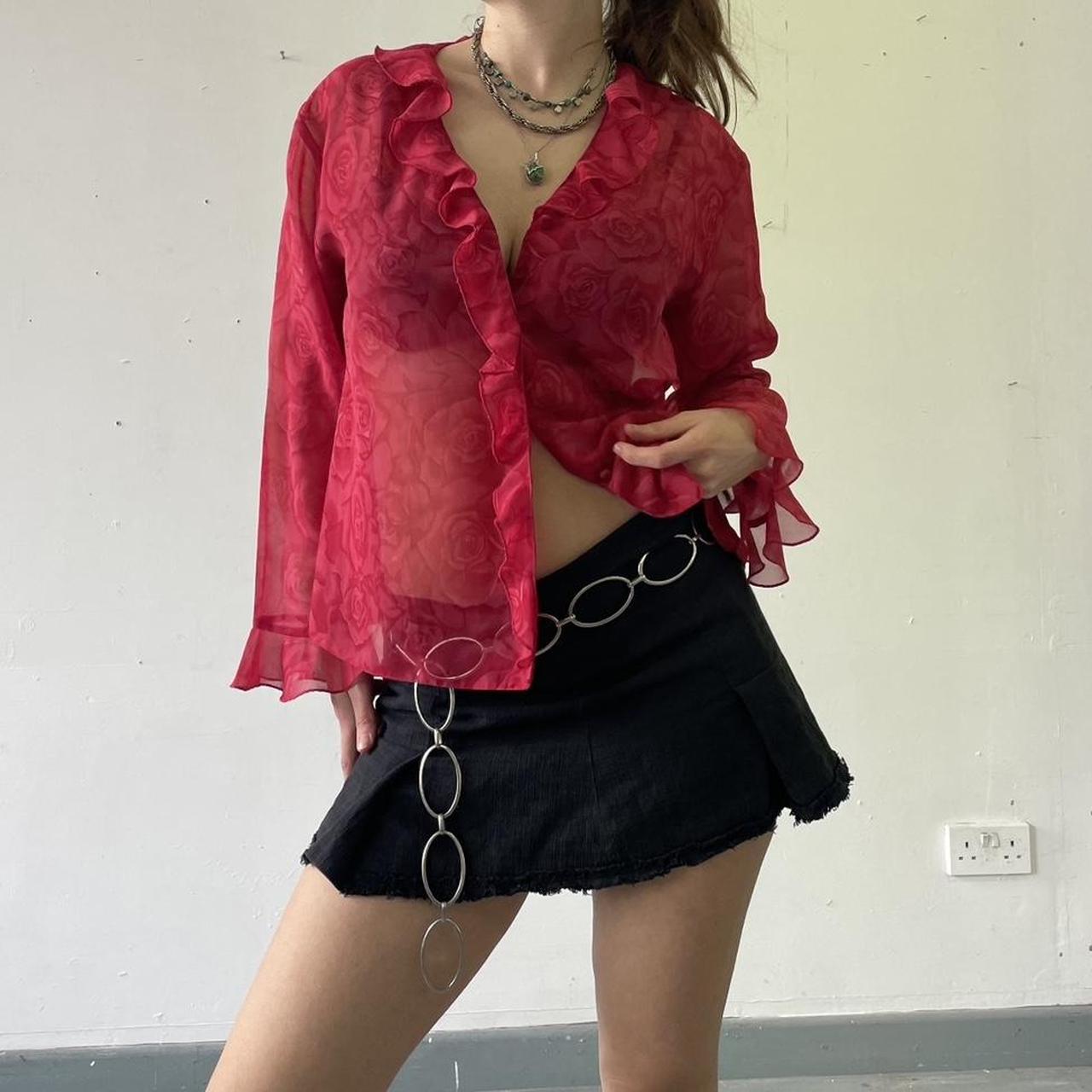 VINTAGE SHEER BLOUSE SHIRT red rose detail and... - Depop