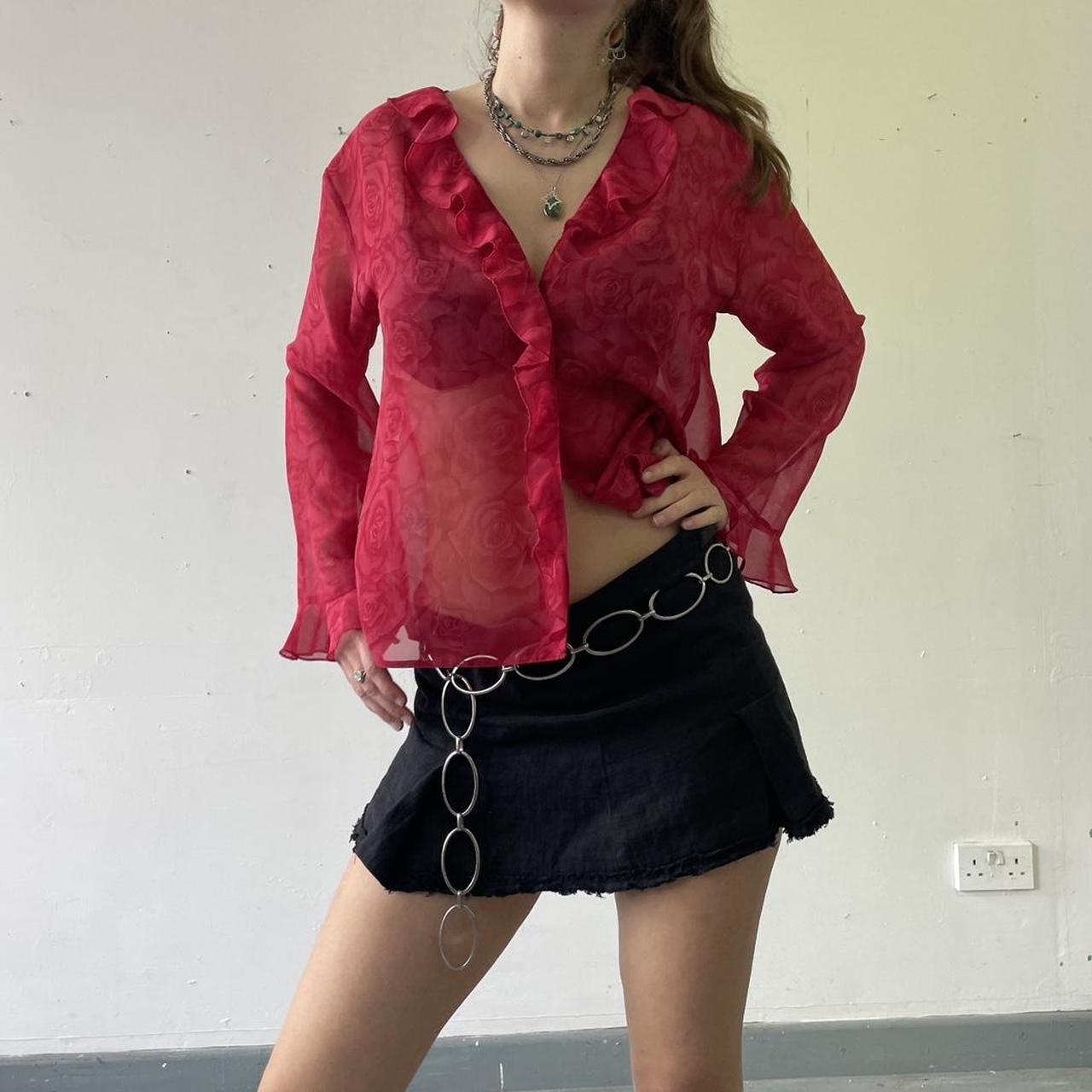 VINTAGE SHEER BLOUSE SHIRT red rose detail and... - Depop