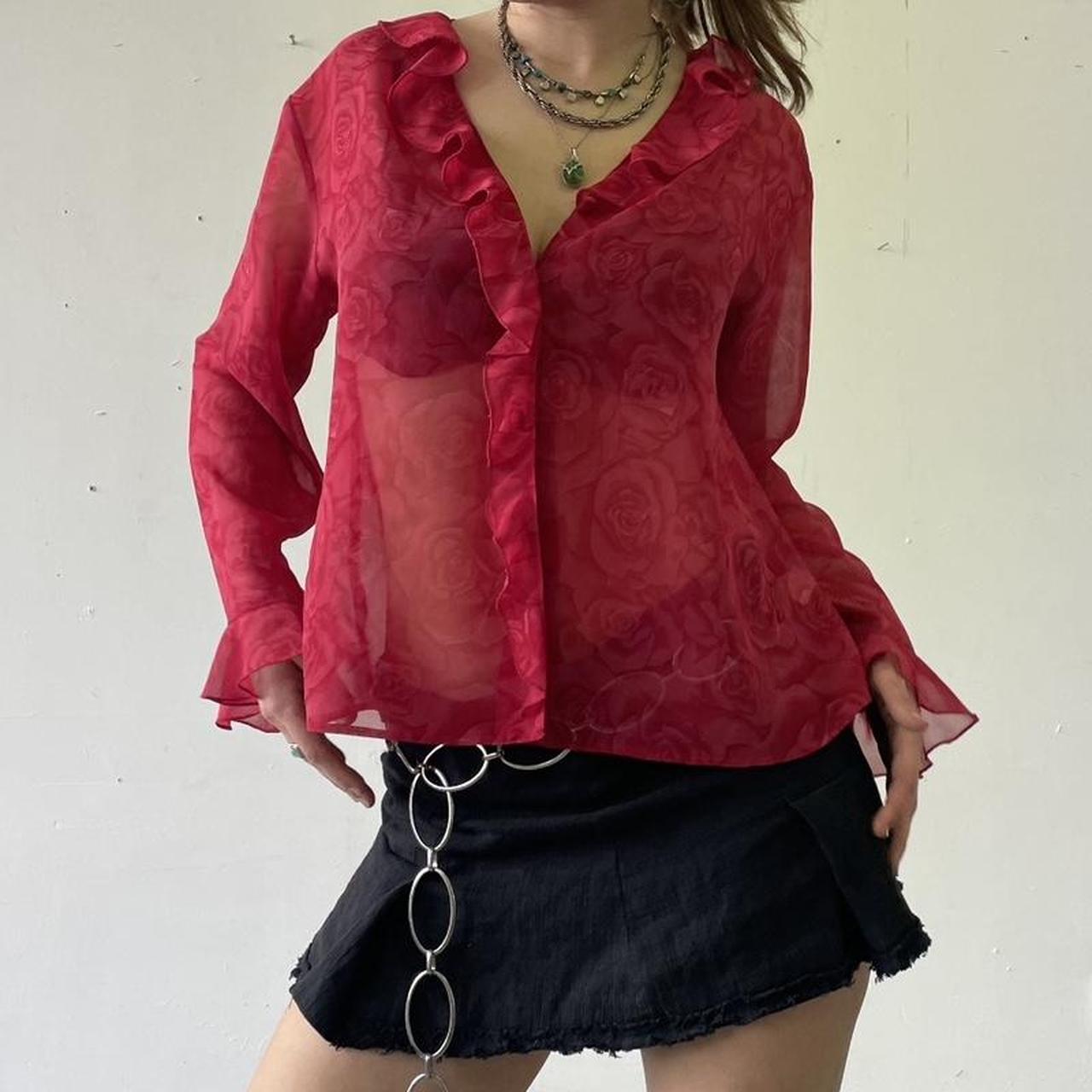 VINTAGE SHEER BLOUSE SHIRT red rose detail and... - Depop