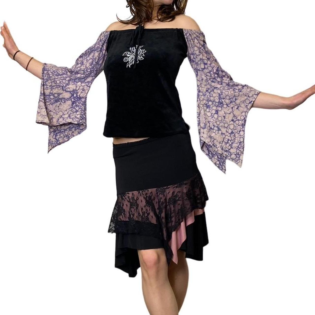 90s 00s black velvet fairy top with tie dye bell... - Depop