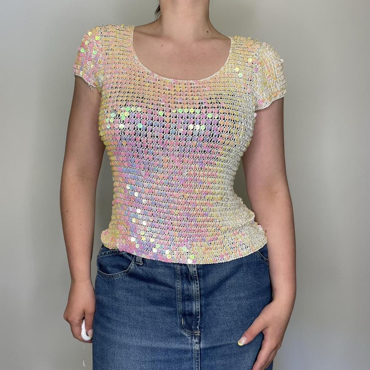 90s 00s white sequin crochet top Shown on a size 10/12 - Depop