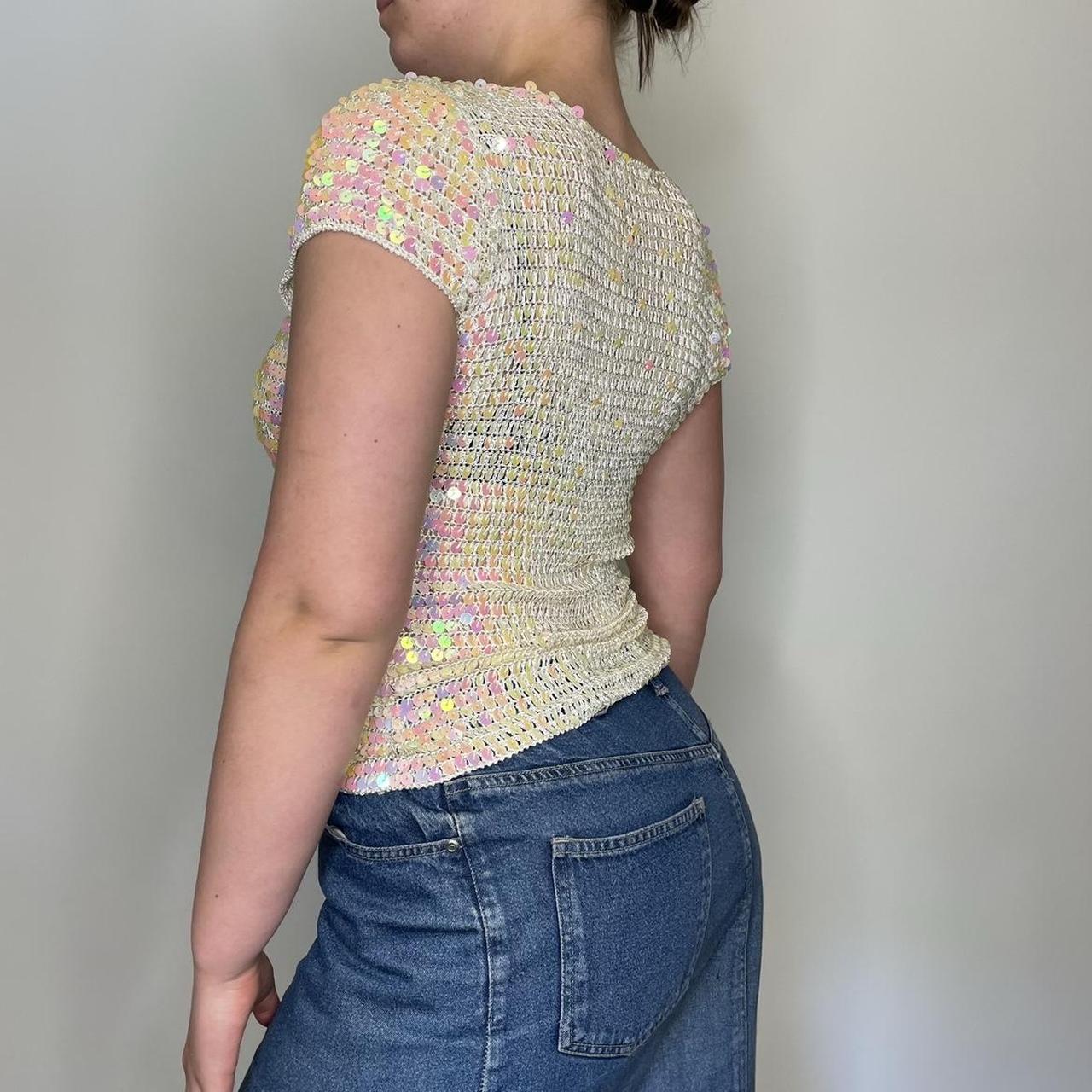 90s 00s white sequin crochet top Shown on a size 10/12 - Depop