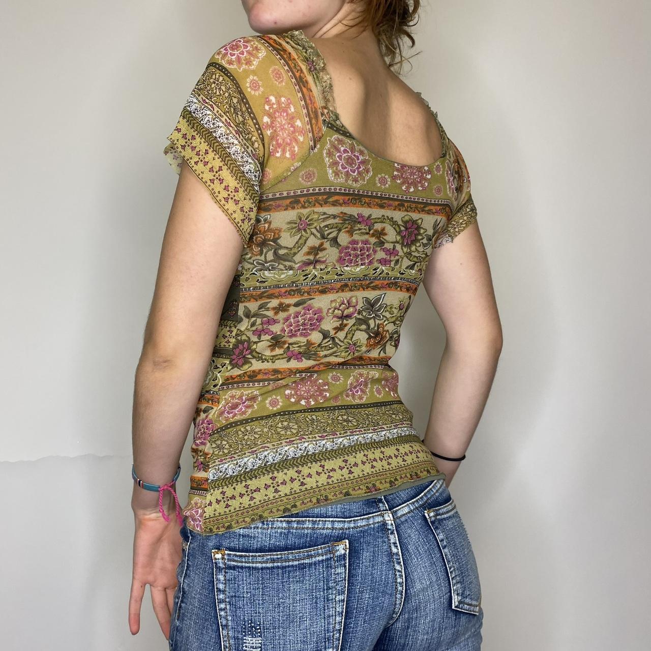 90s 00s floral micro mesh top with sequin details... - Depop
