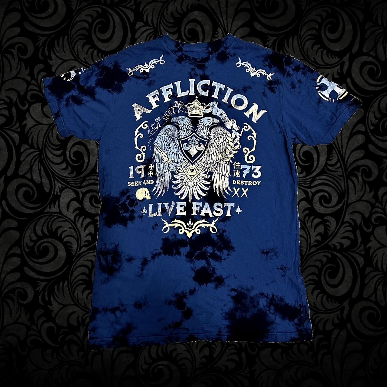 Affliction Men's Blue and White T-shirt | Depop