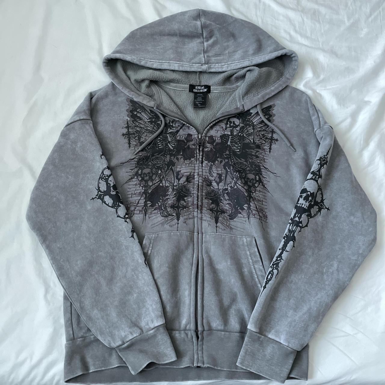 hot topic zip up hoodie with skulls and crosses -... | Depop