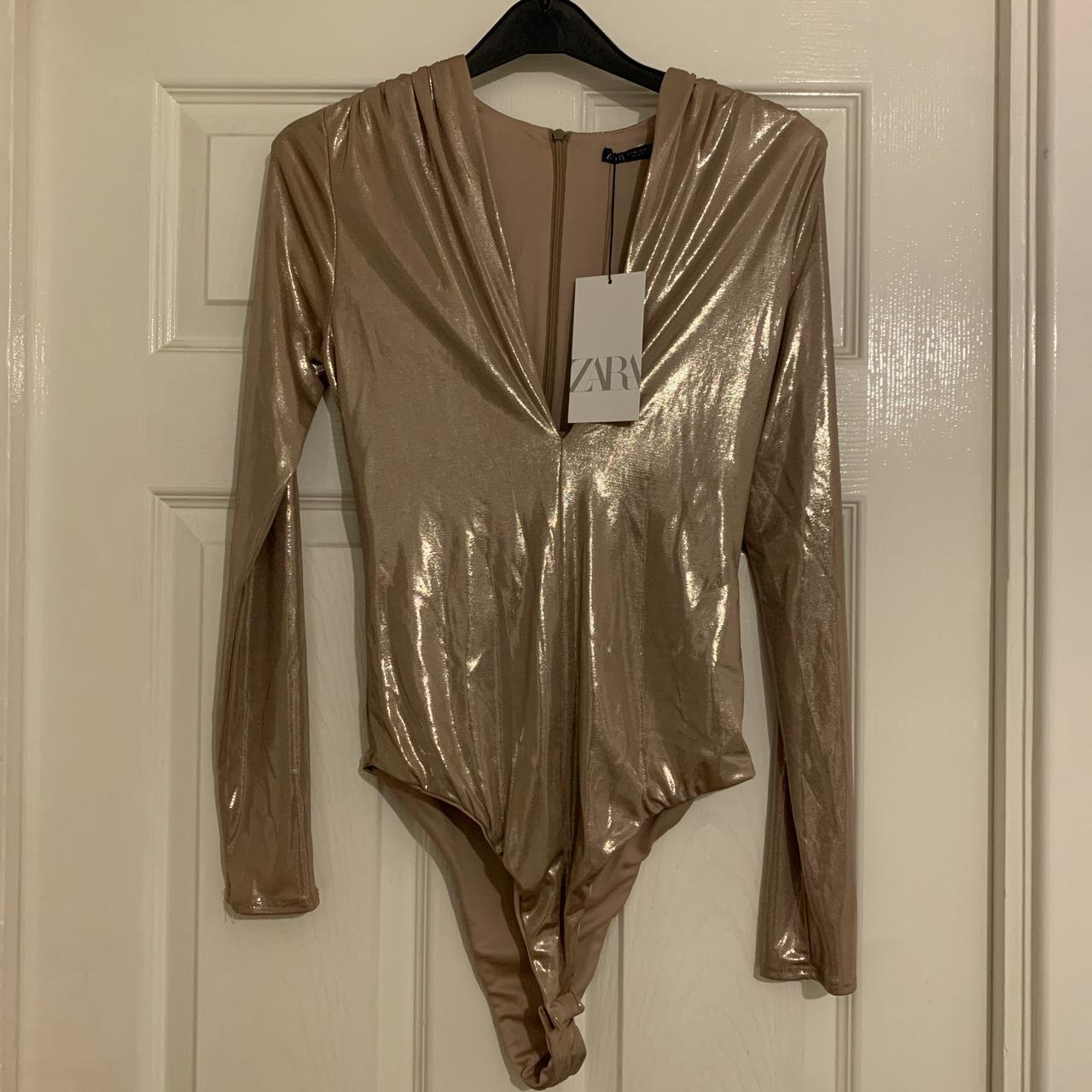 Zara XS shiny draped bodysuit in metallic... - Depop