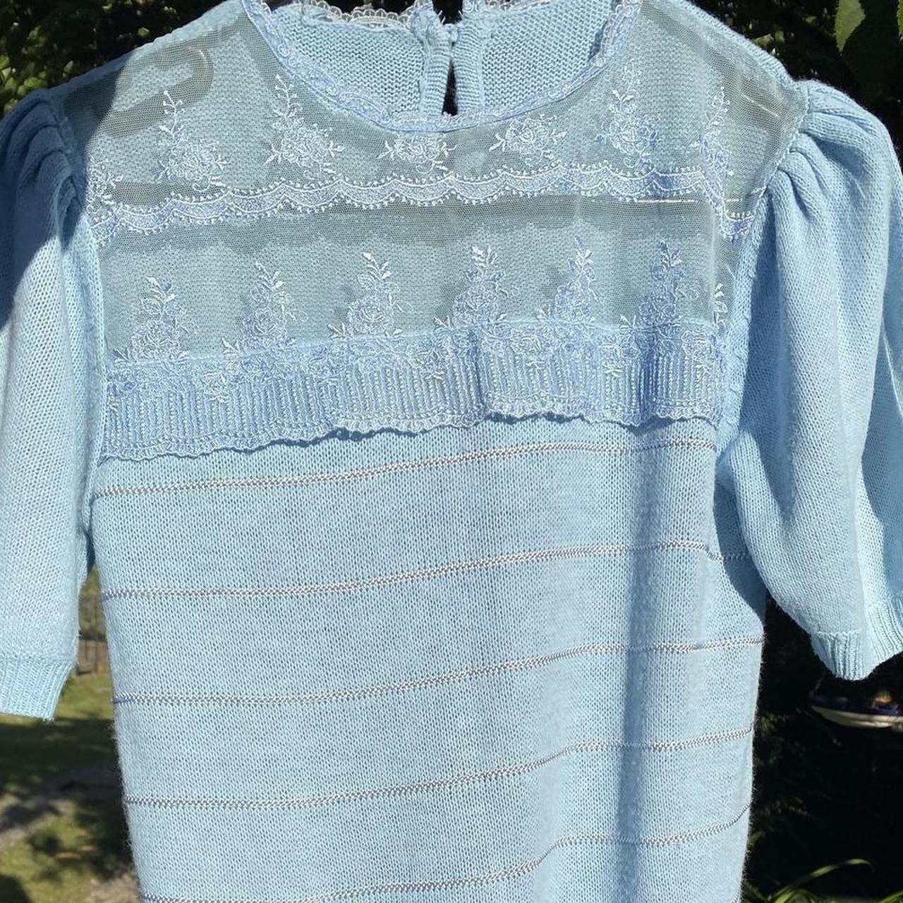 Knitted Baby Blue Coquette Cottagecore Top with Lace... - Depop
