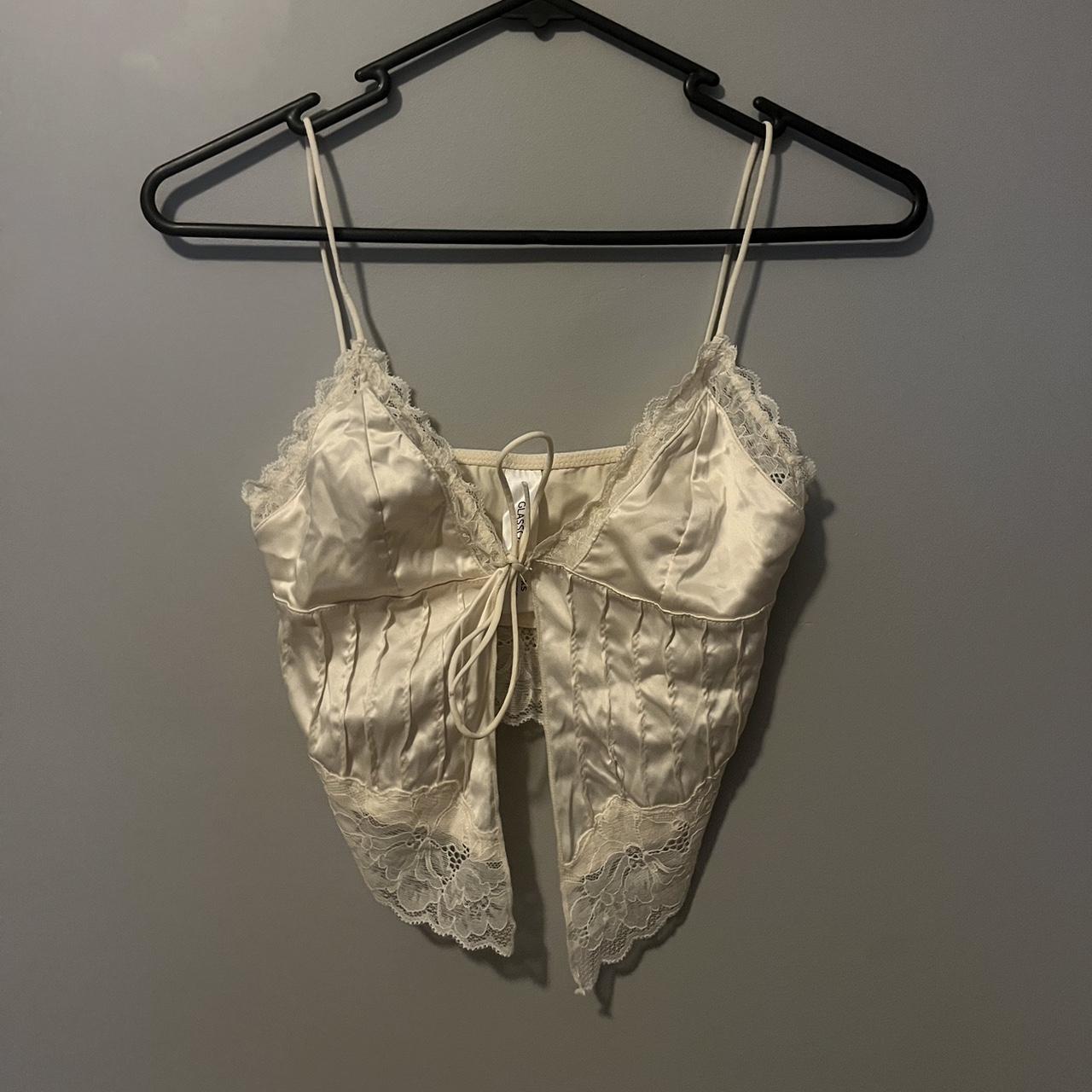 glassons front tie lace silk top so cute, size xs - Depop