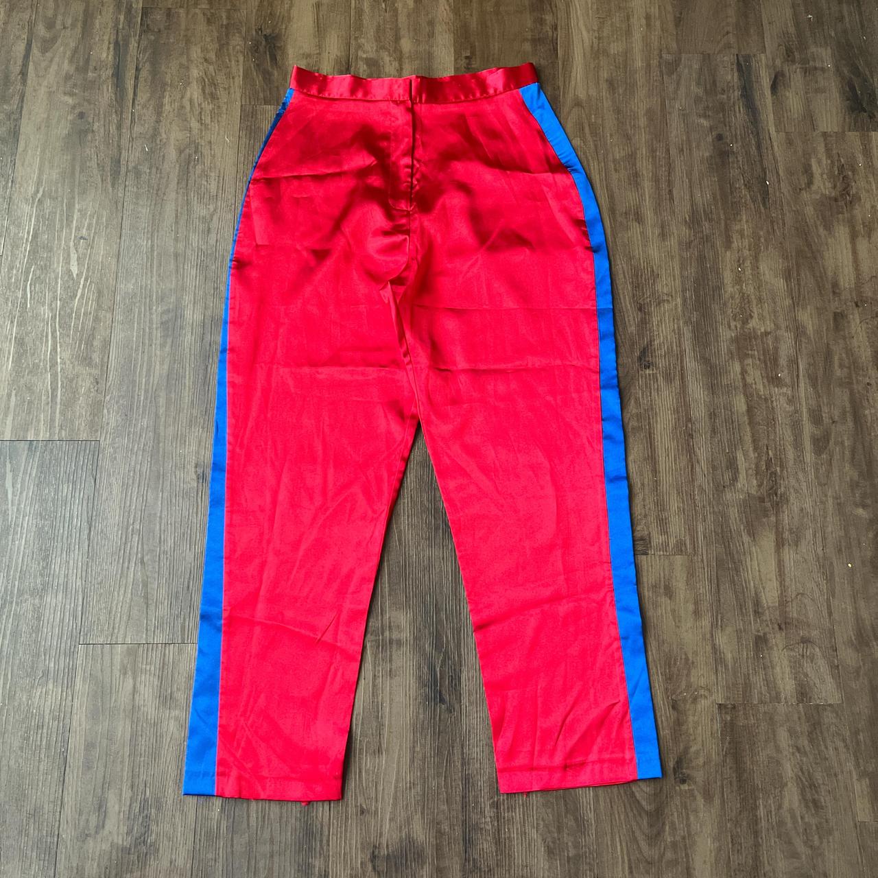 Ragged Priest red satin pants with blue trim. - Depop