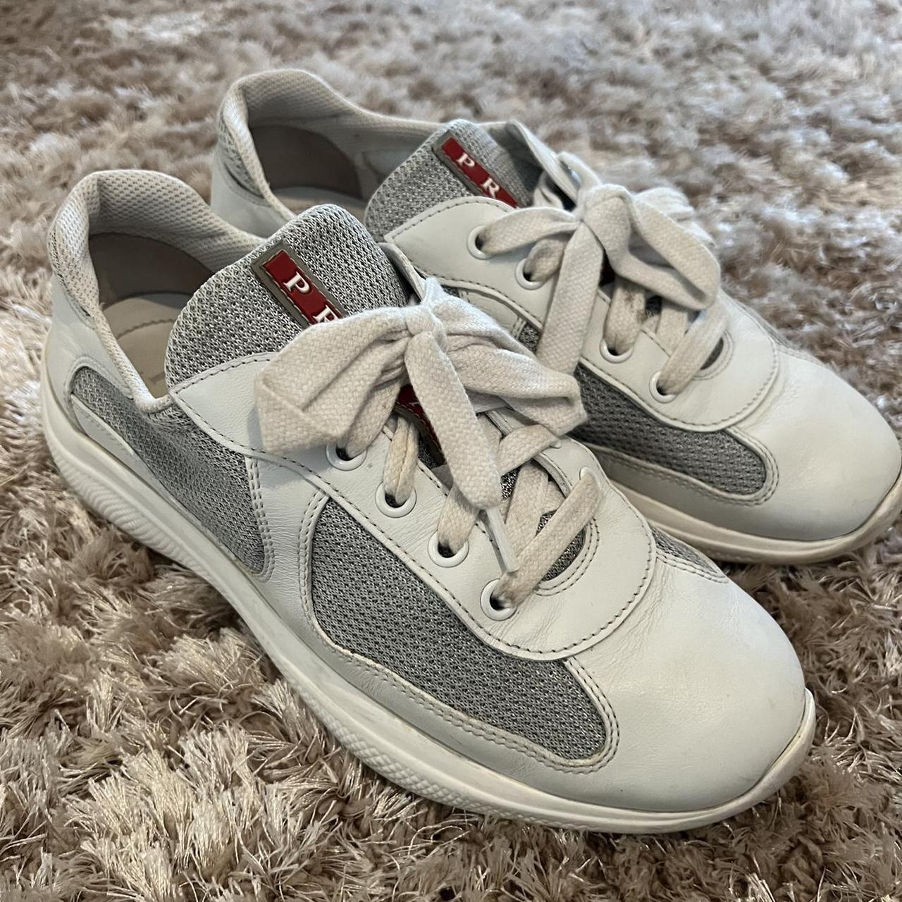 PRADA unisex white/grey Americas cup trainers... - Depop