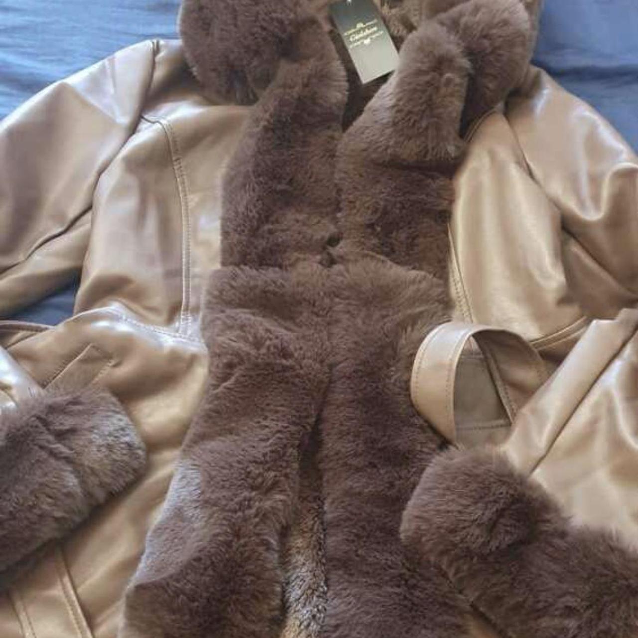 Fuzzy trim hooded belted leather coat - Depop