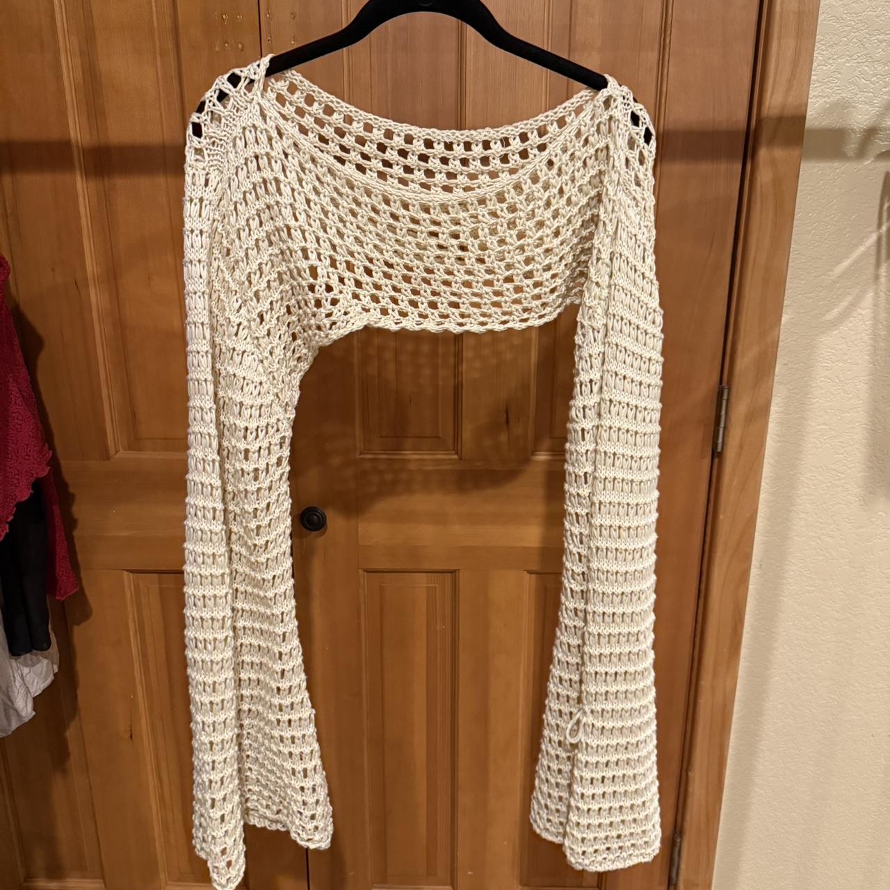 Cream crochet micro crop sweater/shrug Has some... | Depop