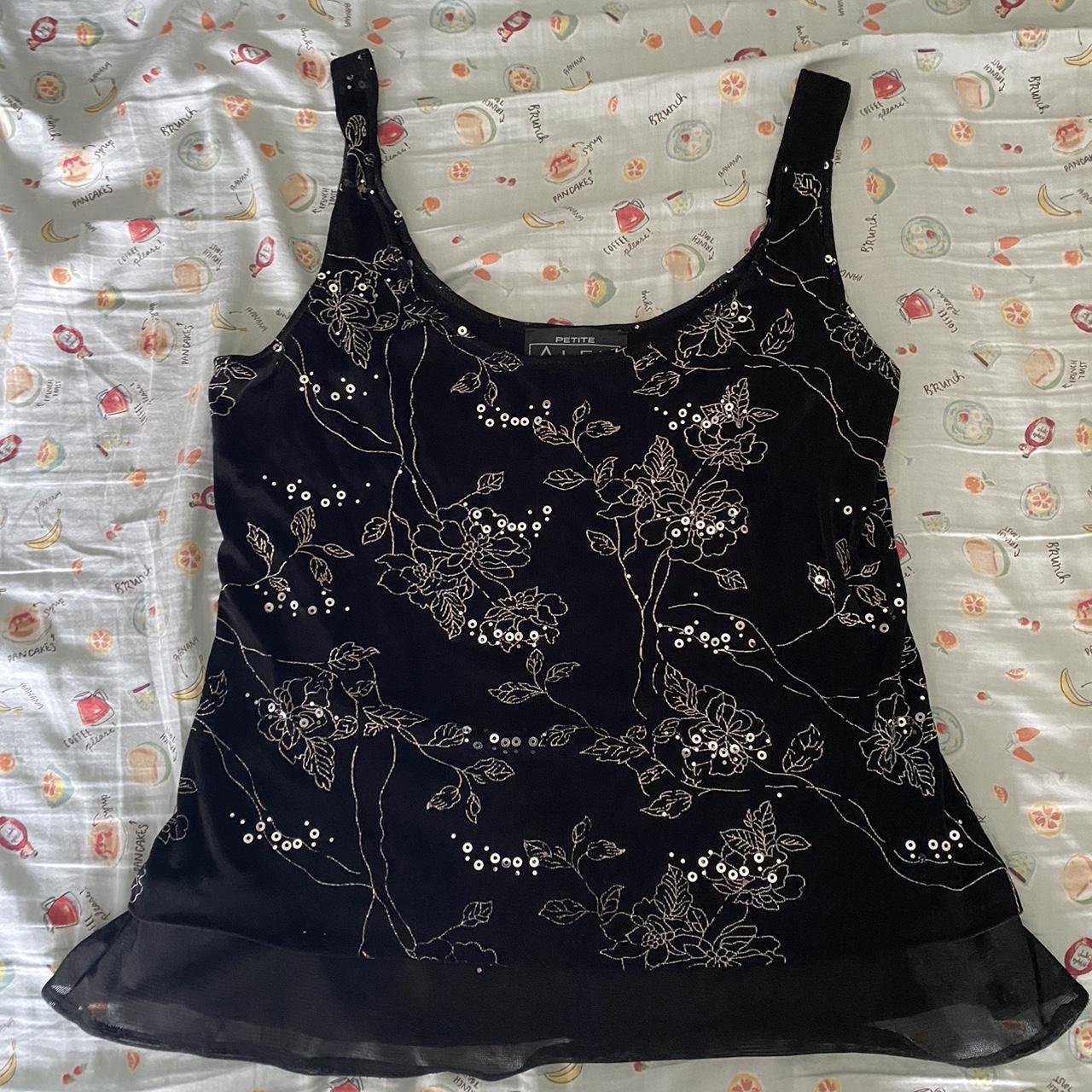 Mesh black top with silver floral designs and... - Depop