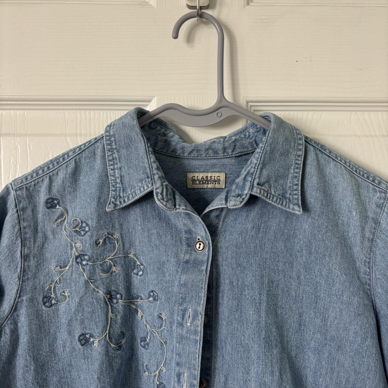 vintage style flower embroidered button up tee denim... | Depop