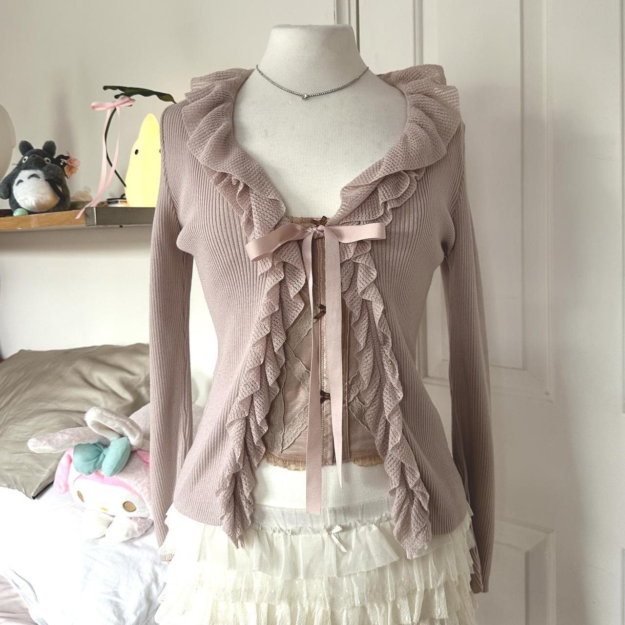 cutest pink cardigan with frilly detailing 🎀 dusky... - Depop