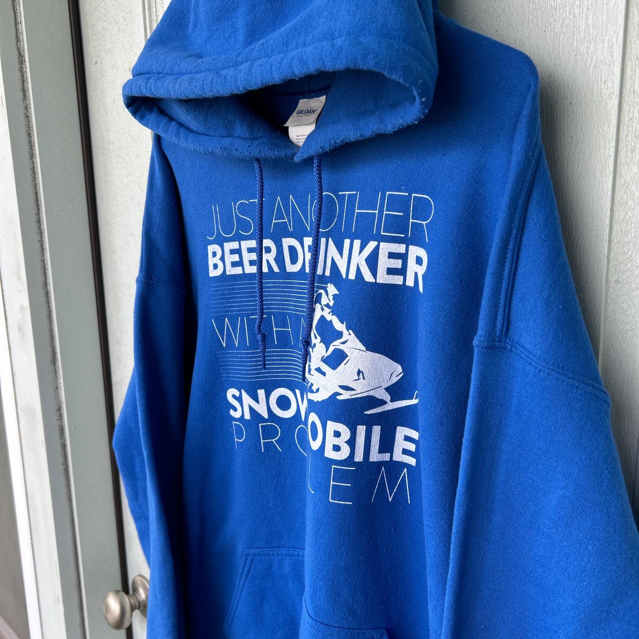 blue baggy snowmobile beer funny print hoodie... | Depop