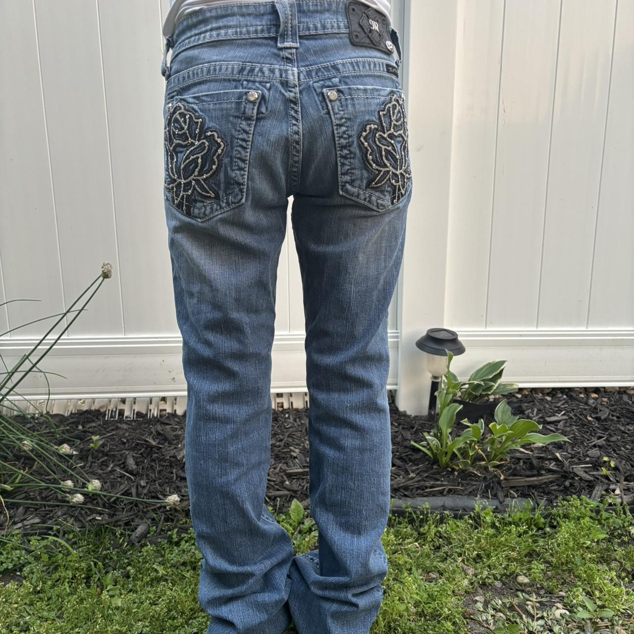 Miss Me flare jeans with rose embroidery on back... | Depop