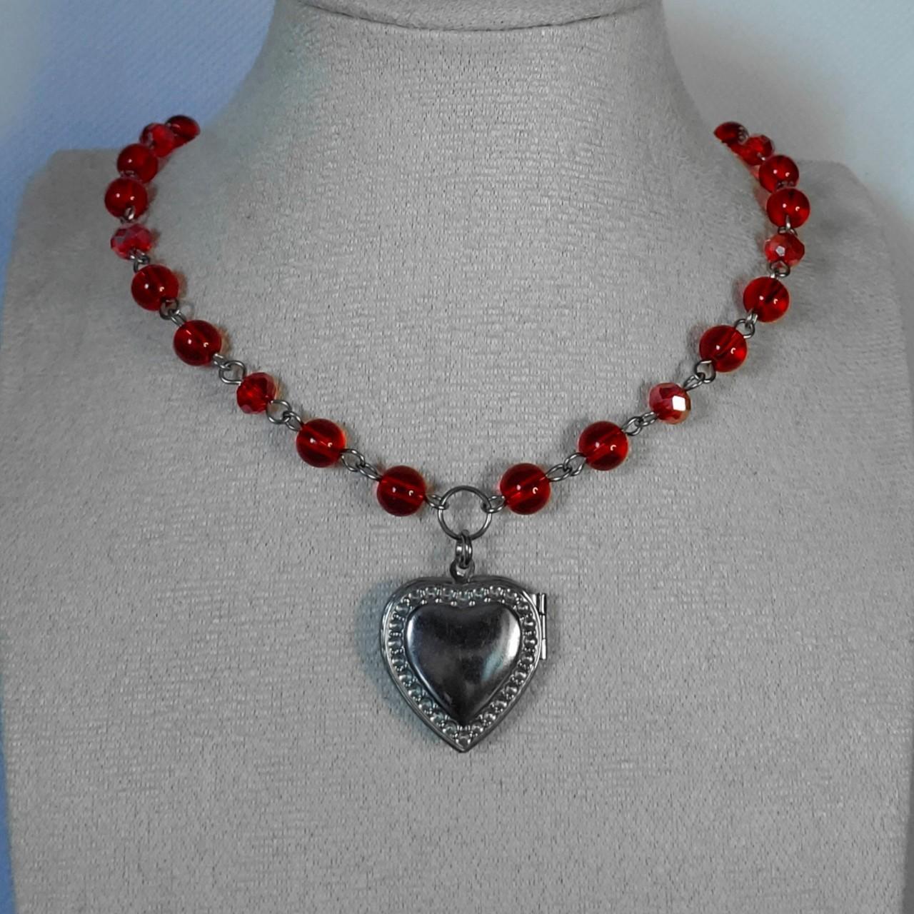 red heart locket choker necklace stainless... - Depop