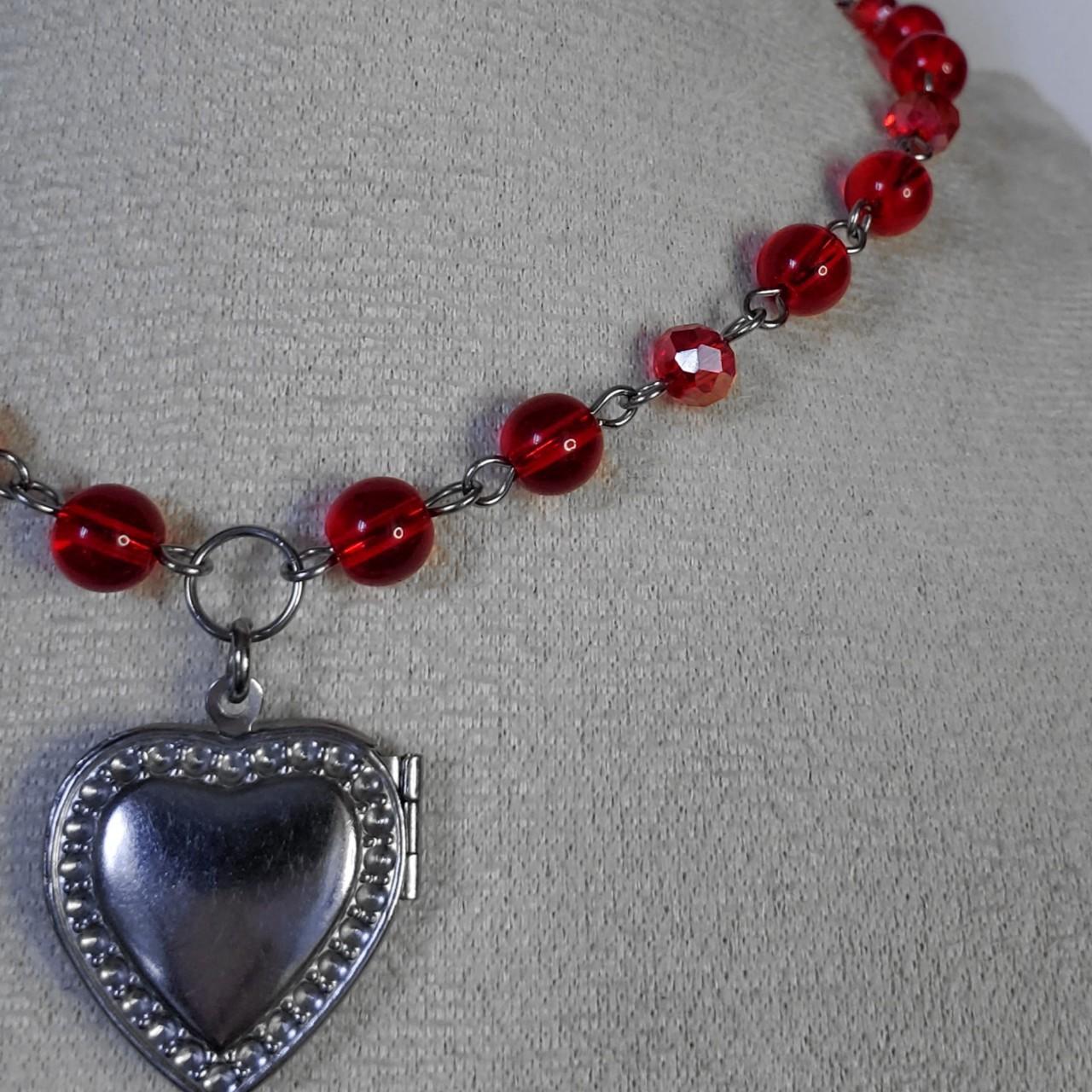 red heart locket choker necklace stainless... - Depop