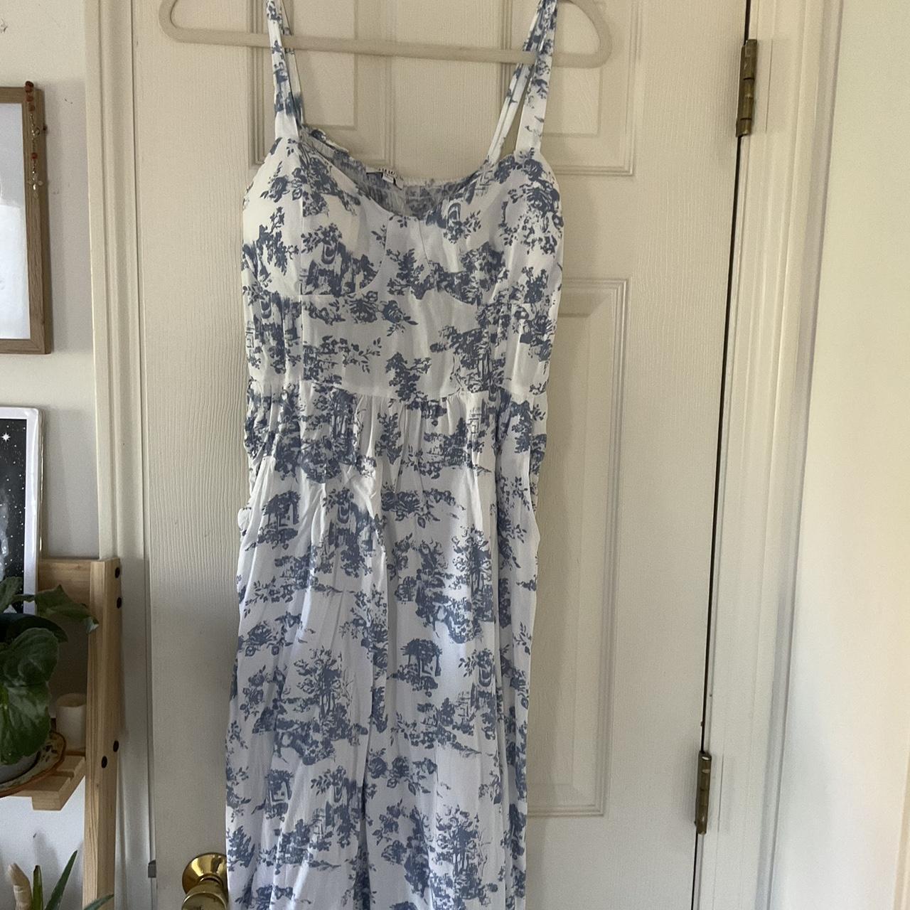 White and Blue Patterned Dress *the straps are... - Depop