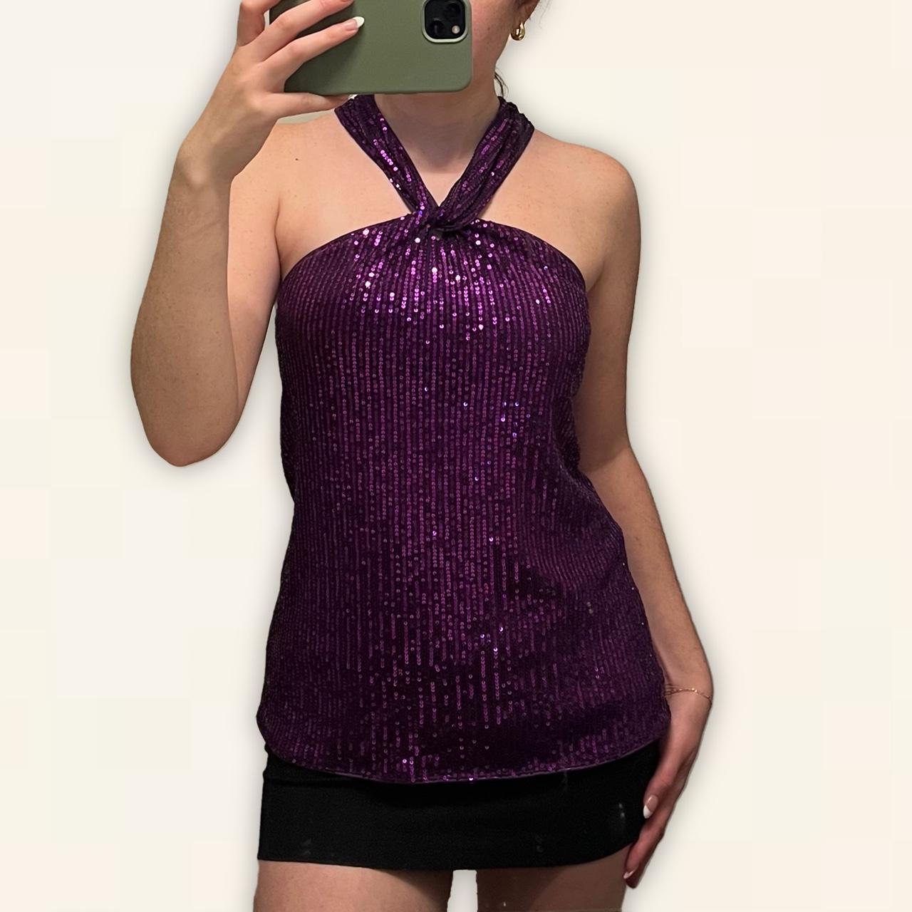 vintage early 2000s mcbling purple sequin halter top... | Depop
