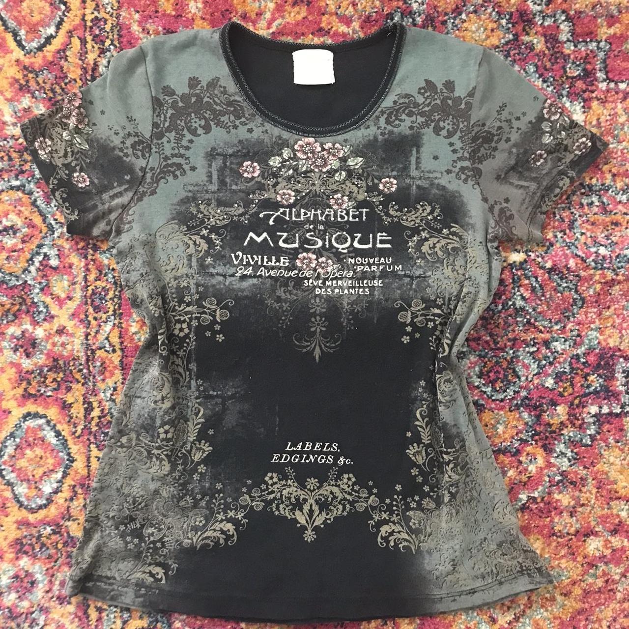 Cute blue grey shirt with pink flower and gem... - Depop