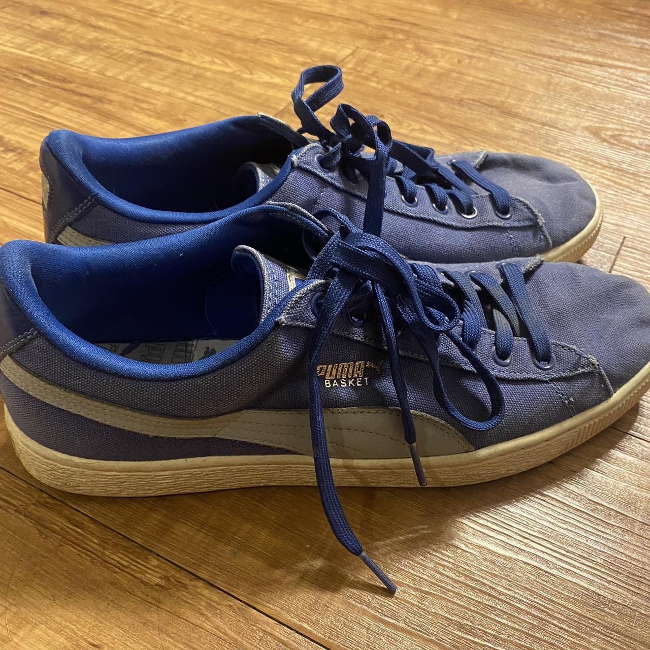 Puma suede shoes in a navy blue color way Decent... - Depop