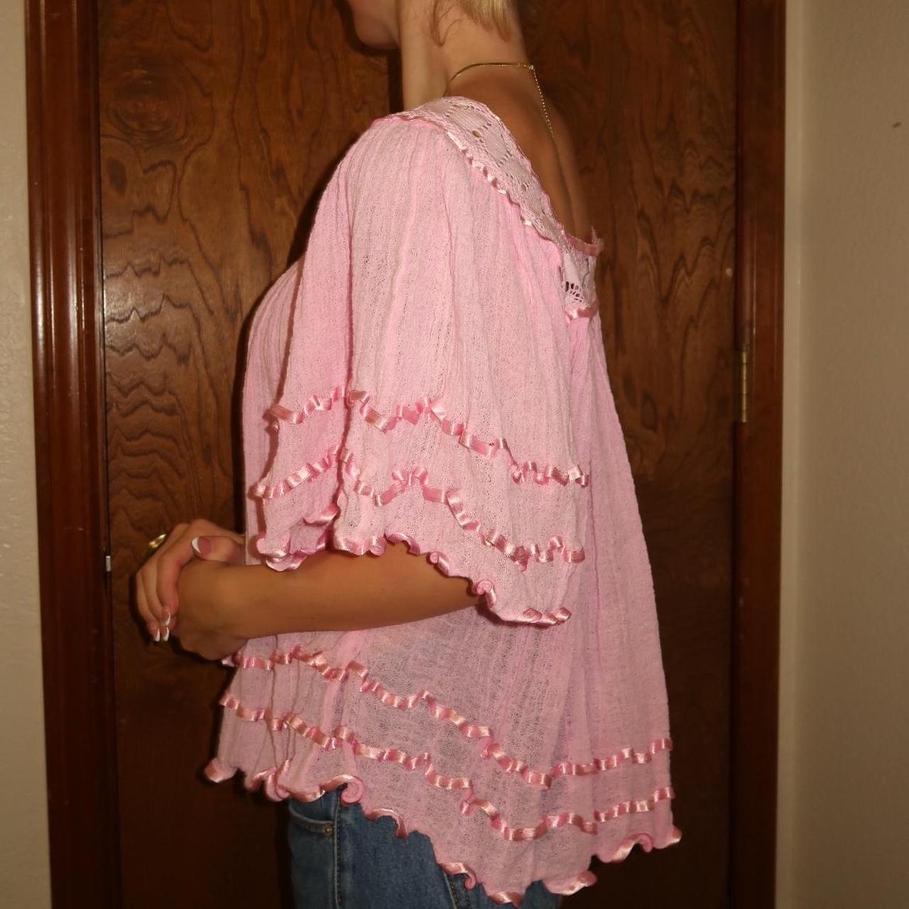 Vintage Inspired Pink Ruffle Bow Top Size: Small - Depop
