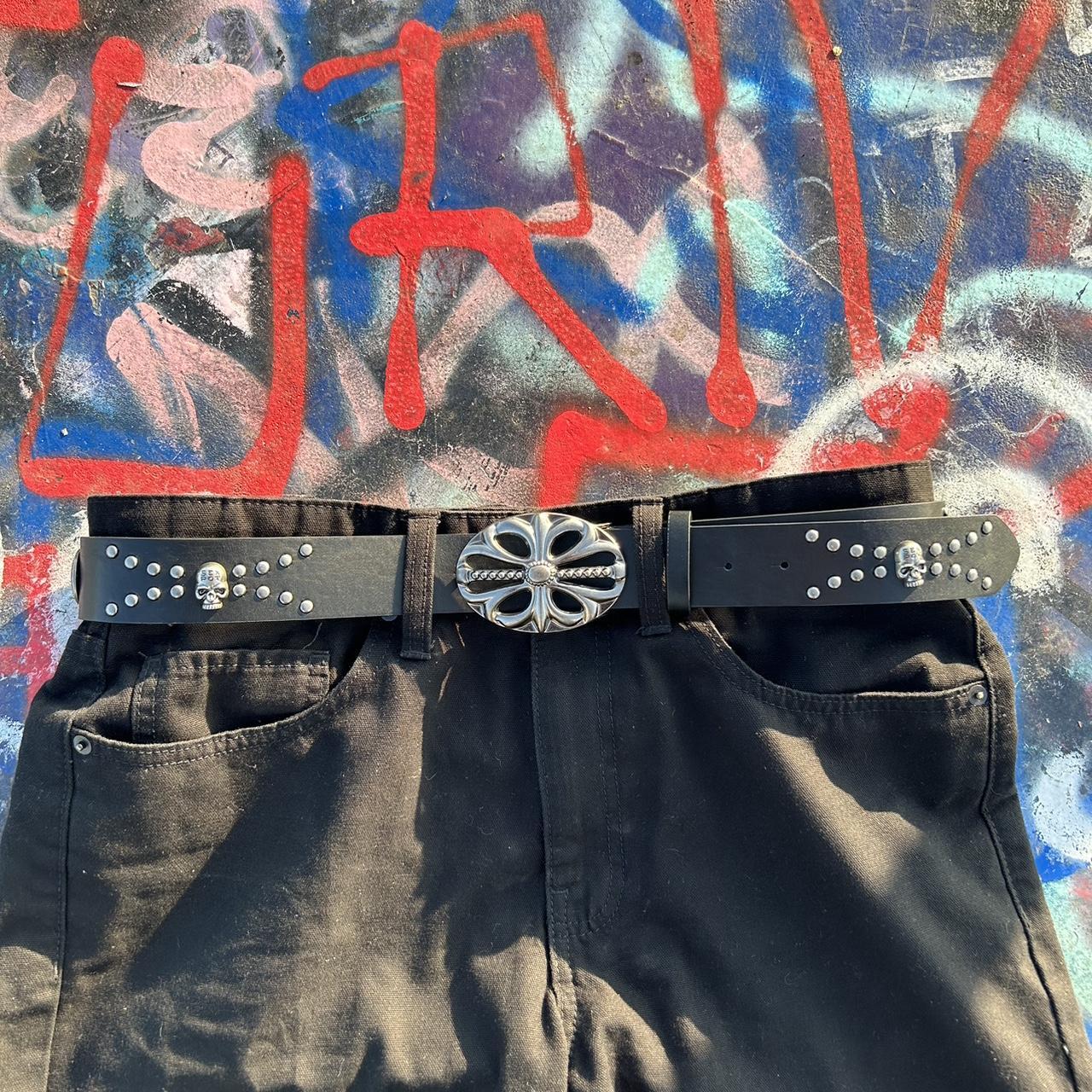 Y2K Silver Skull “Sex Pot” Belt with Studs Size:... - Depop