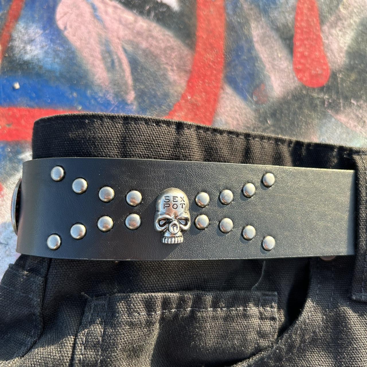Y2K Silver Skull “Sex Pot” Belt with Studs Size:... - Depop