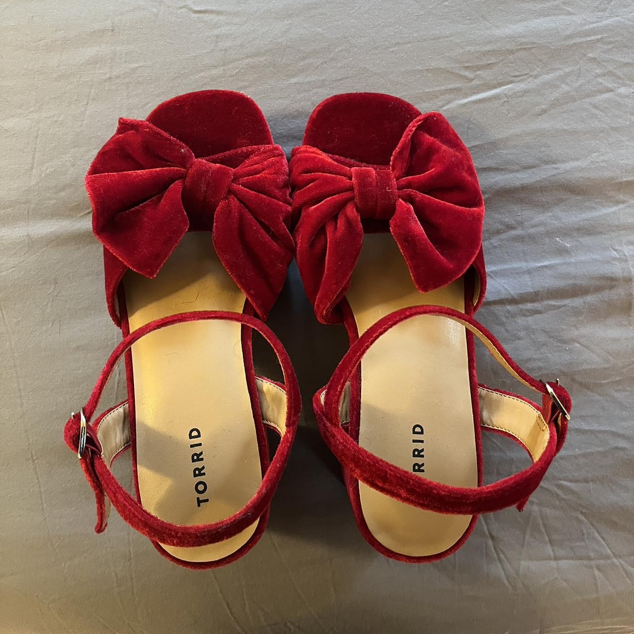 Red velvet bow sandals from Torrid, worn once, 3-in... - Depop