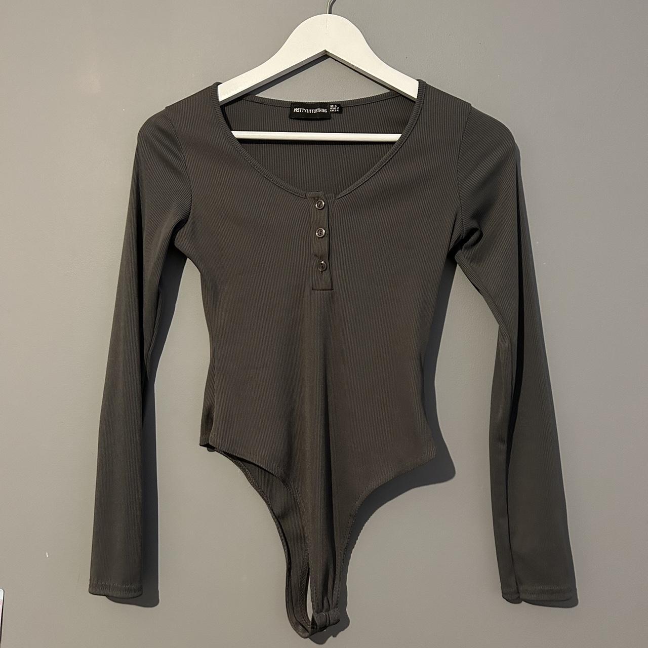 grey ribbed plt button up thong bodysuit, barely... - Depop