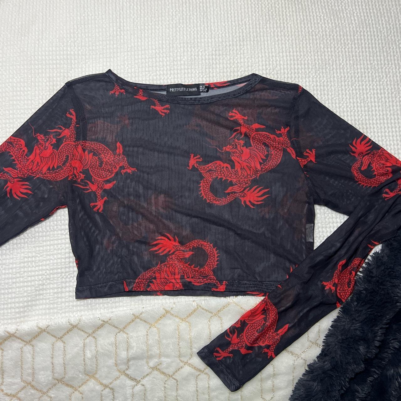 red & black dragon printed mesh long sleeve crop top - Depop