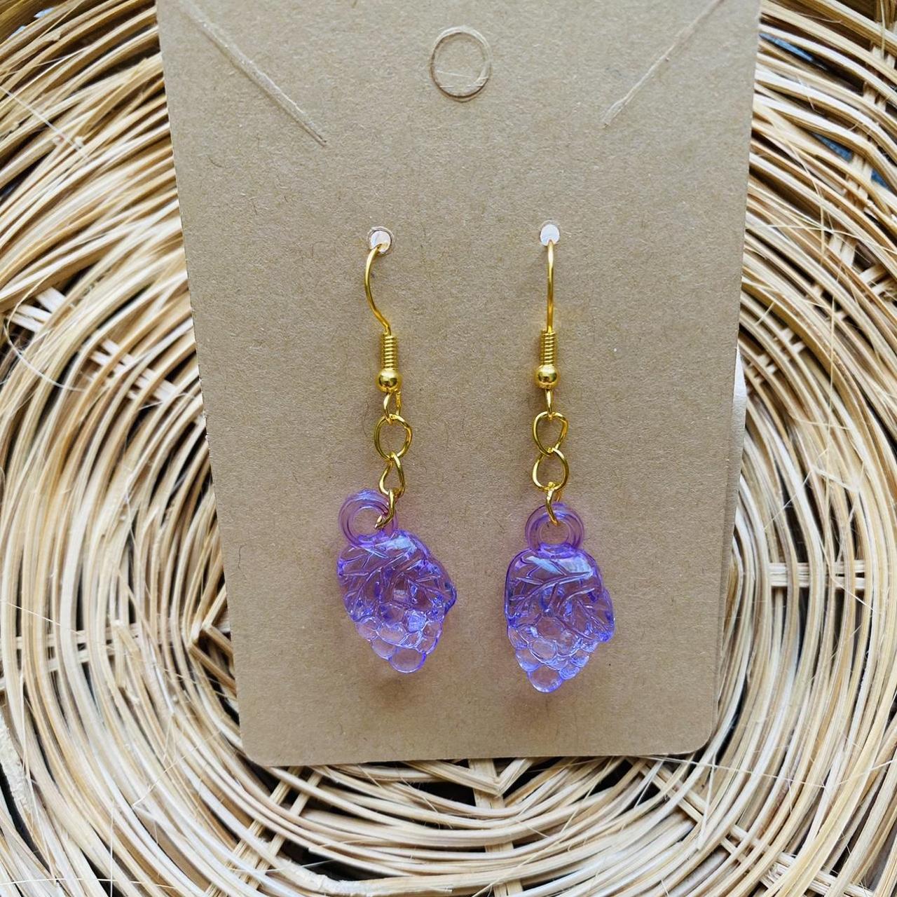 Handmade purple clear dangle Berry earrings with... - Depop
