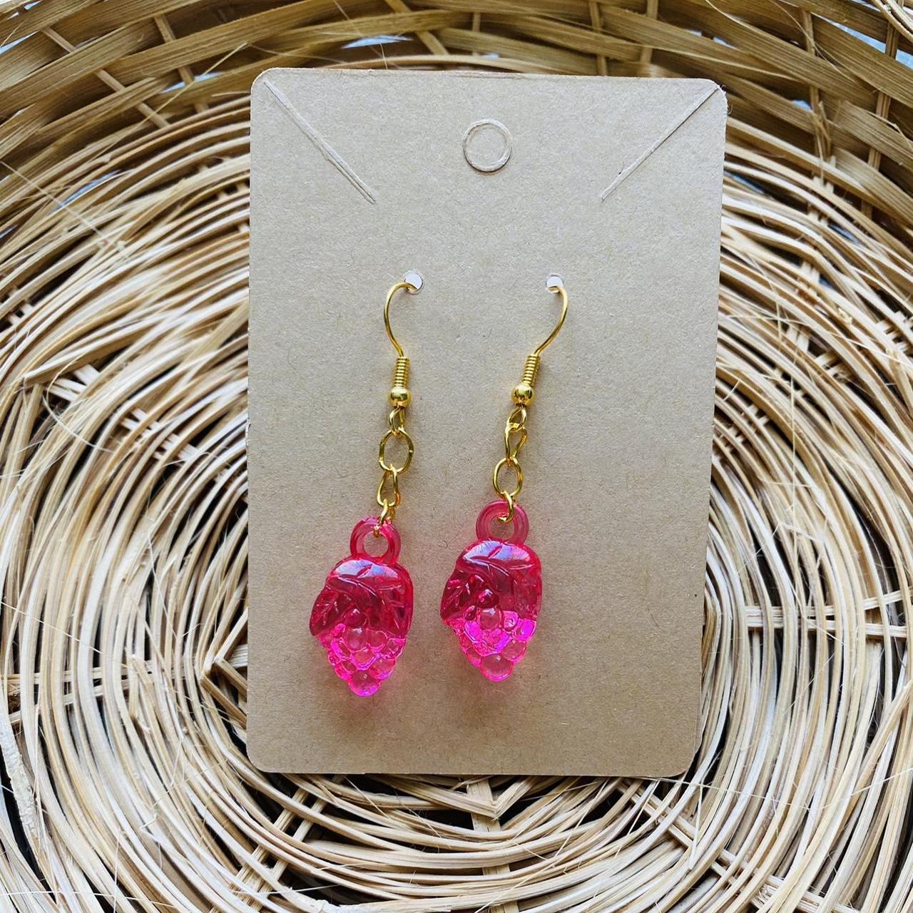 Handmade pale pink clear dangle Berry earrings with... - Depop