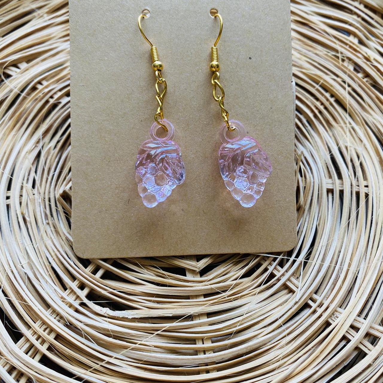 Handmade pale pink clear dangle Berry earrings with... - Depop