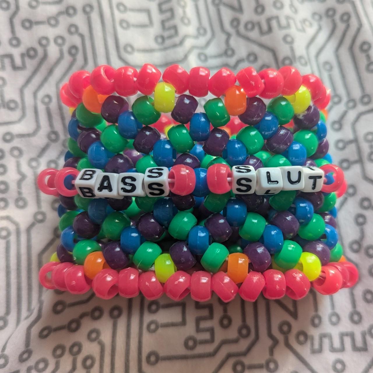 "bass sl ut" rainbow kandi cuff Made this a while... | Depop