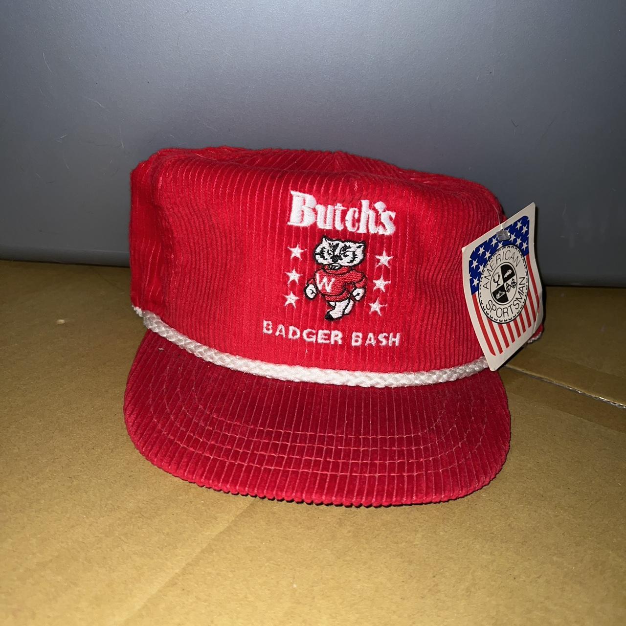 80s Badger Bash red corduroy snapback hat hats - Depop