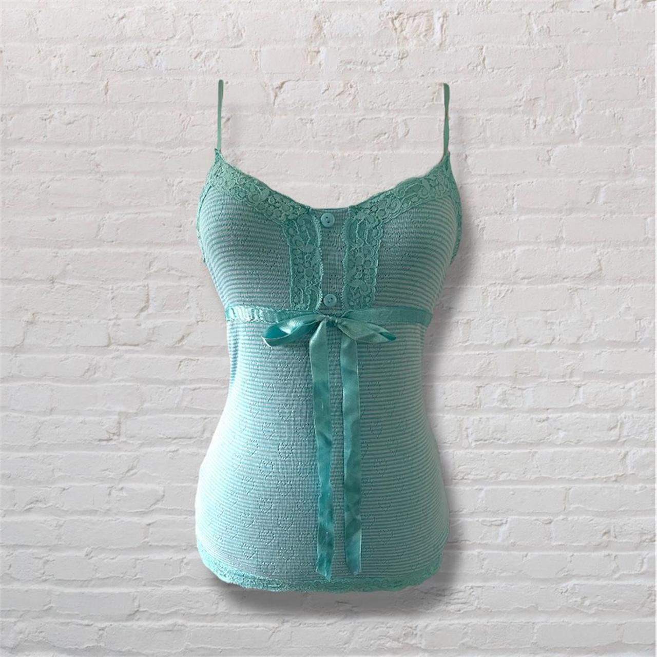 blue lace cami with ribbon detailing, featuring a... | Depop