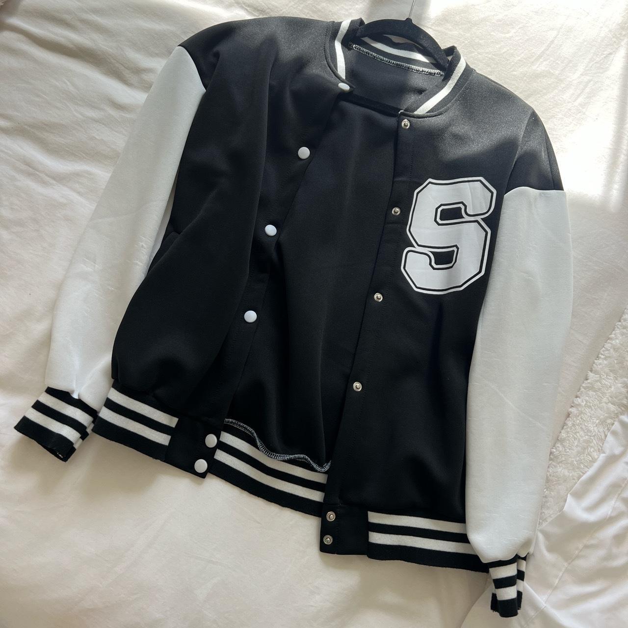 black and white varsity style jacket- size S/M - Depop