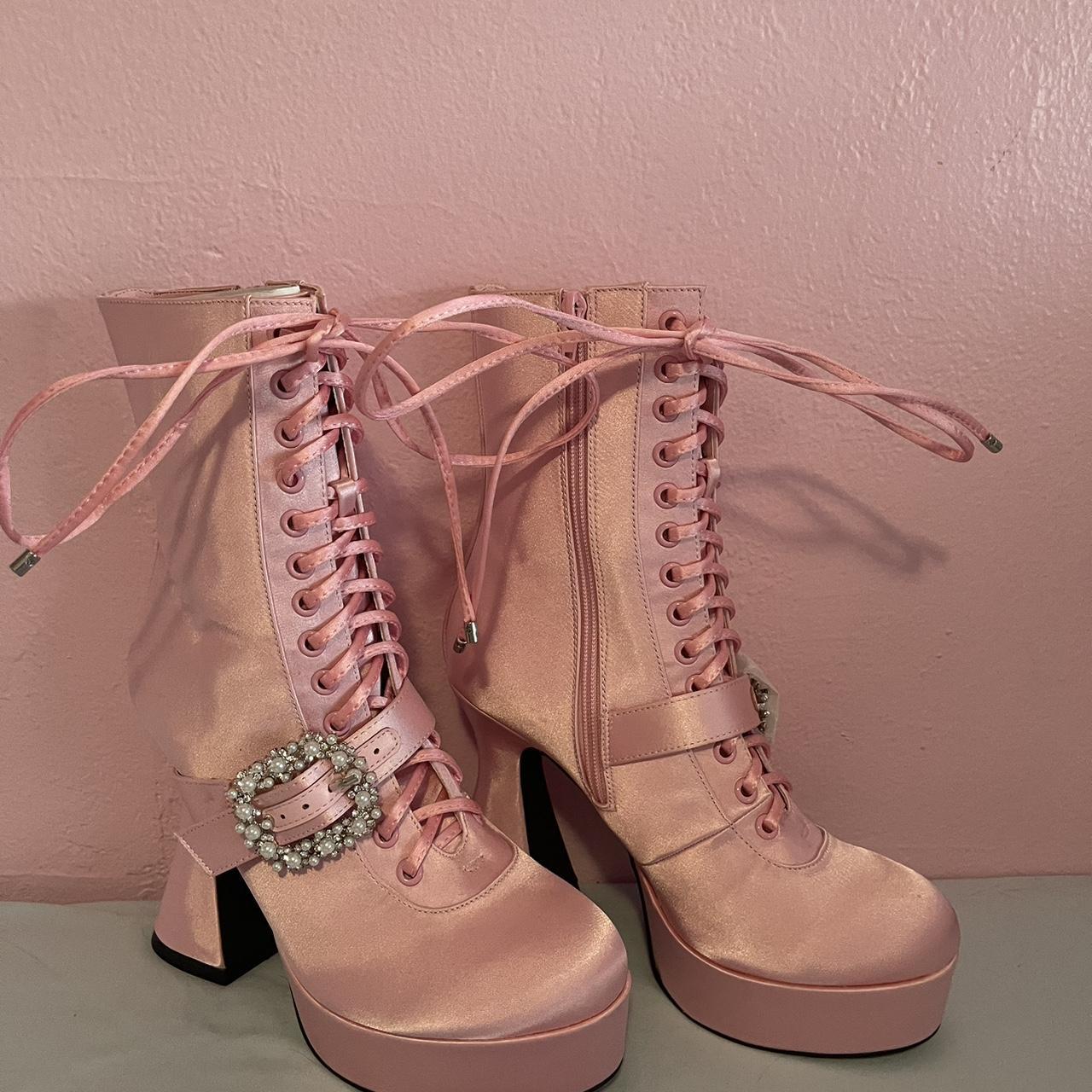 Sugar thrillz pink satin pink platform lace up... - Depop