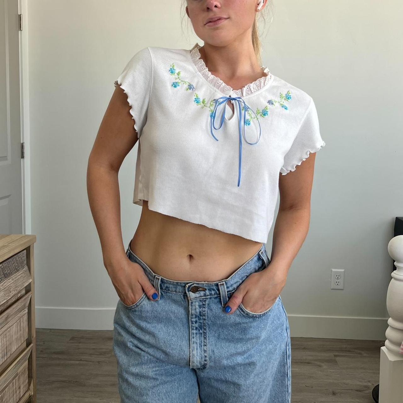 frilly crop top with eyelet lace, blue flowers, and... - Depop