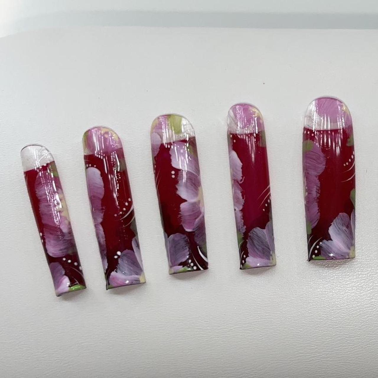 extra long red french tip press on nails with floral... - Depop