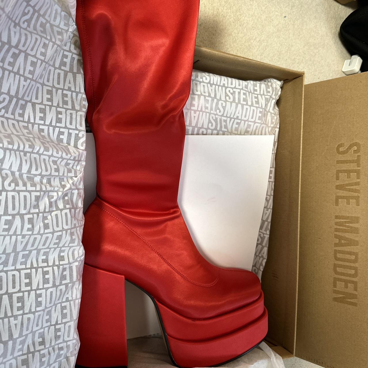 Steve Madden cypress red satin boots Stretch... - Depop