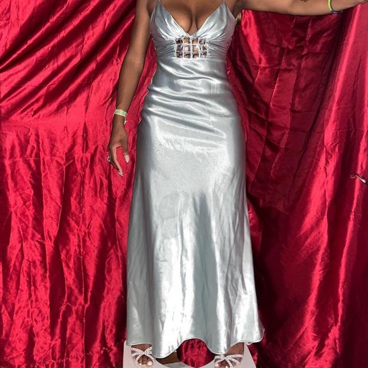 Gorgeous light blue spaghetti strap satin y2k maxi... - Depop