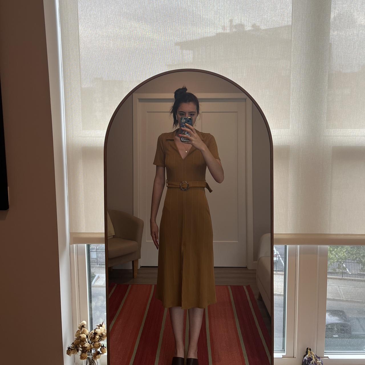 collared v-neck ribbed dress with belt and slit down... - Depop