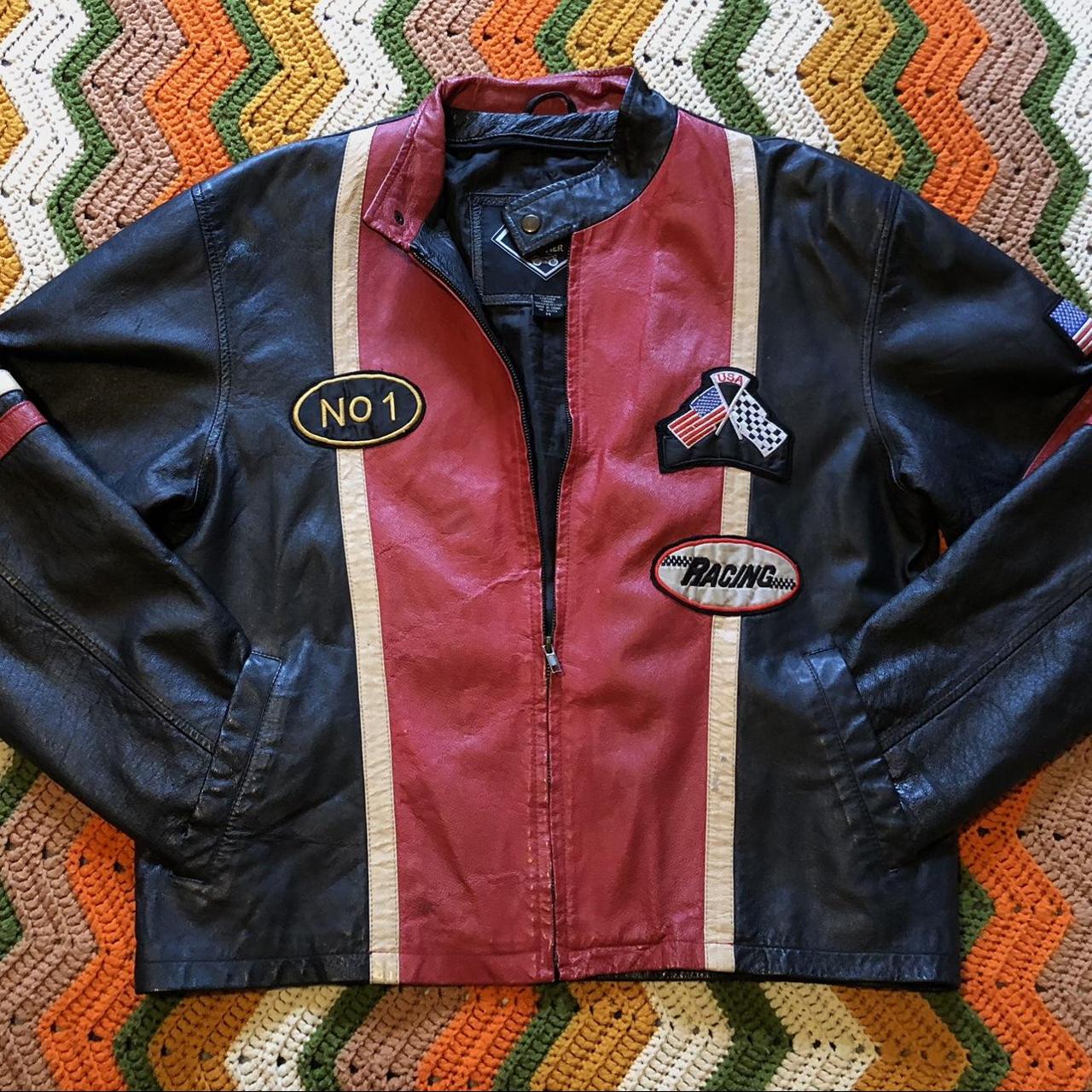Men’s Vintage Leather racing jacket Medium - Depop