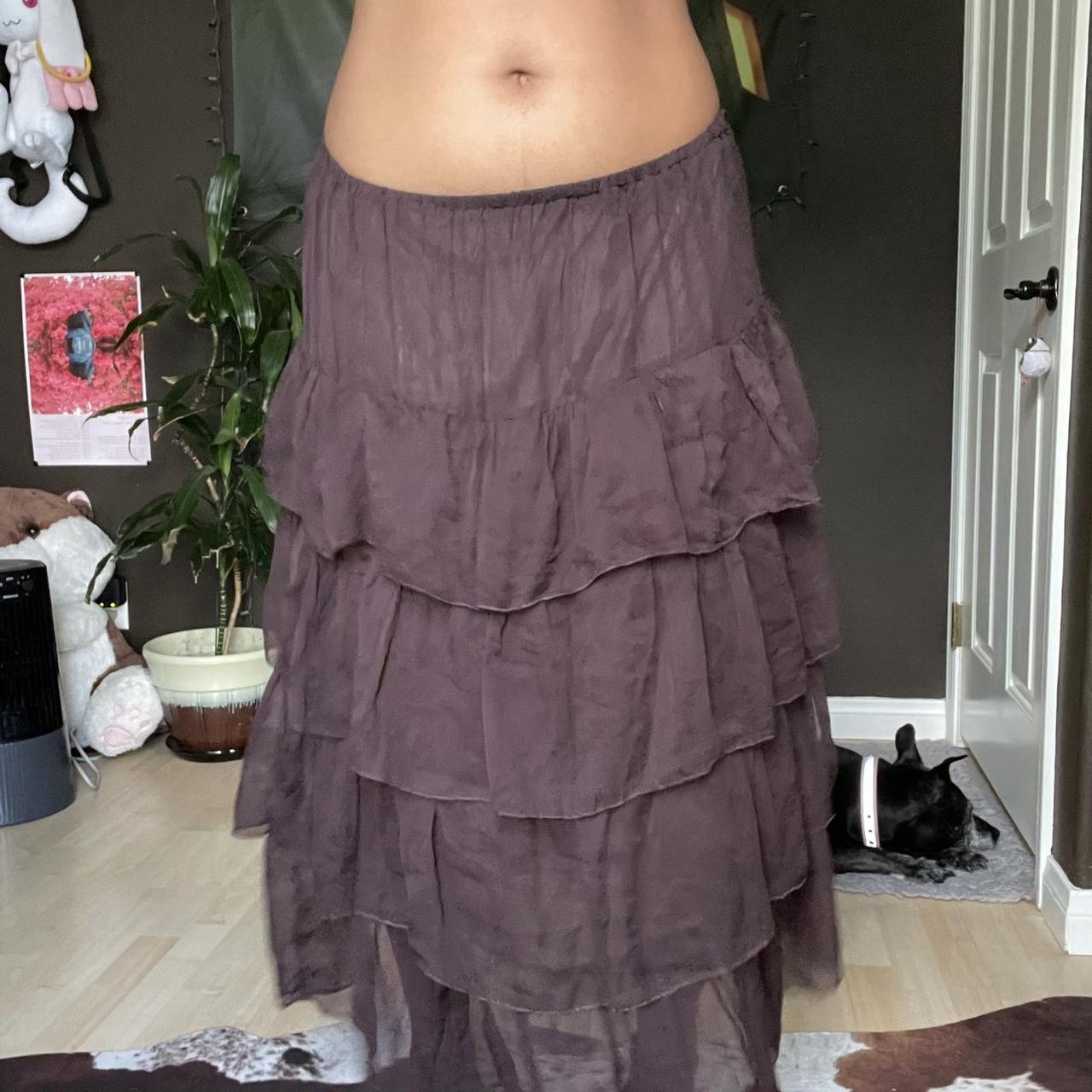 Ruffled brown boho low rise midi skirt The slip... - Depop
